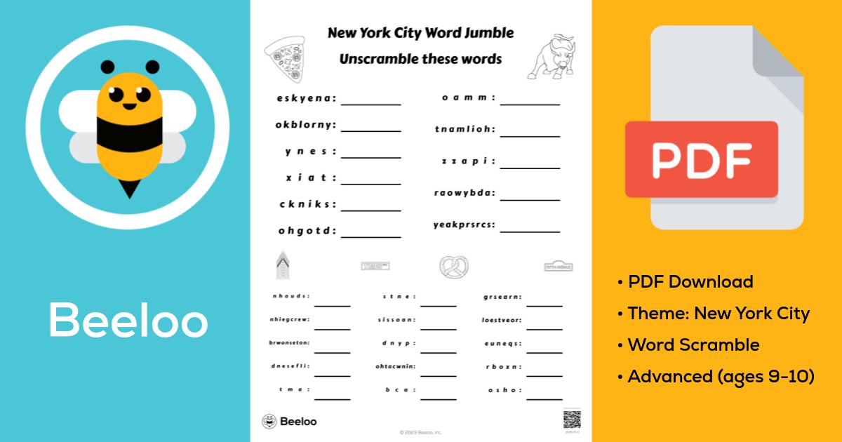 New York City Word Jumble • Beeloo Printable Crafts and Activities for Kids